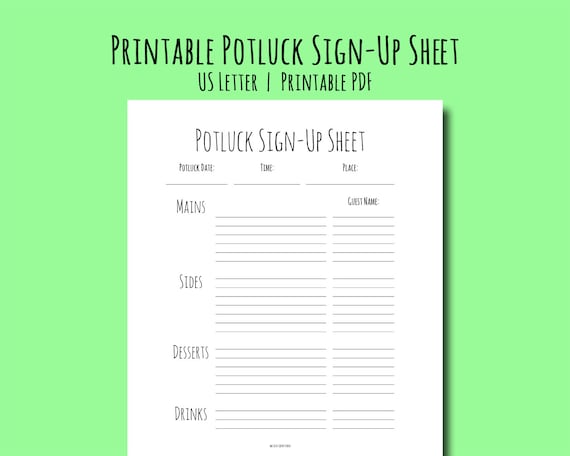 Printable Potluck Sign-up Sheet Food Sign-up Sheet Church - Etsy