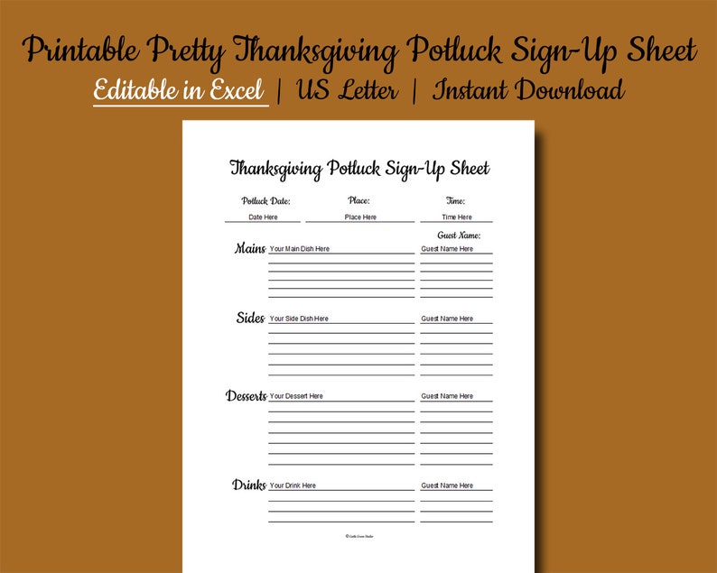 EDITABLE Printable Pretty Thanksgiving Potluck Sign-up Sheet, Food Sign ...