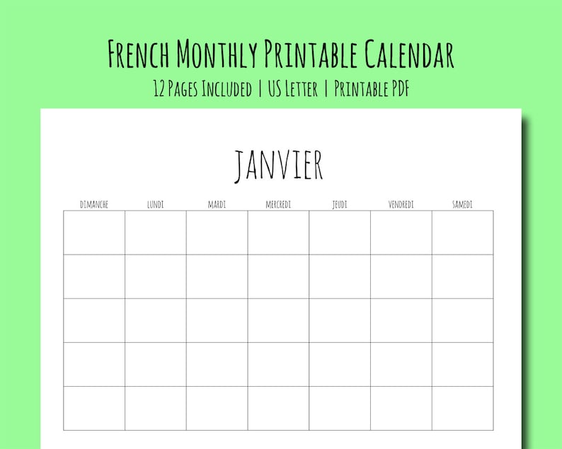 French Printable Monthly Calendar, Blank Calendar, 12 Month Calendar ...