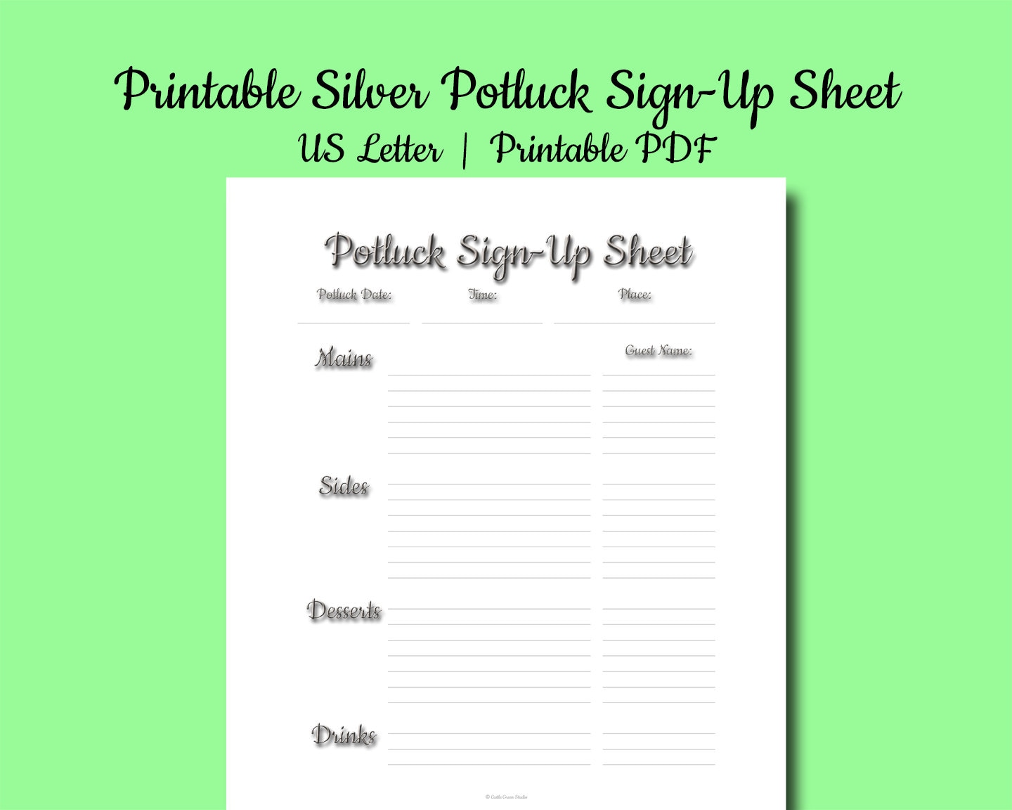 Printable Silver Pretty Potluck Sign-up Sheet, Food Sign-up, Church ...