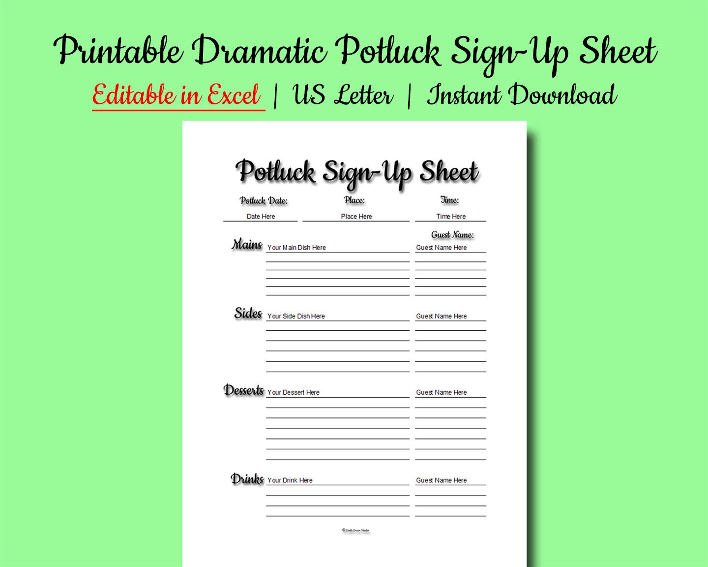 EDITABLE Printable Dramatic Pretty Potluck Sign-up Sheet, Food Sign-up ...