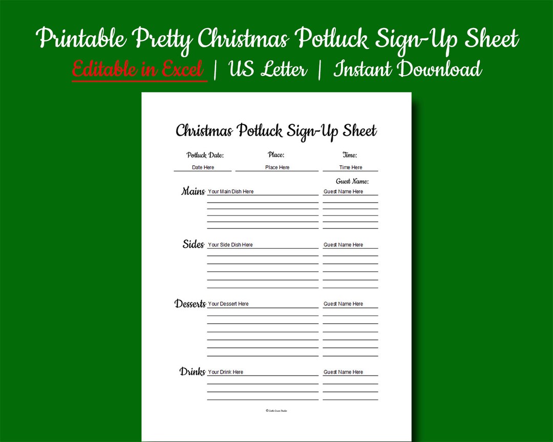 EDITABLE Printable Pretty Christmas Potluck Sign-up Sheet, Food Sign-up ...