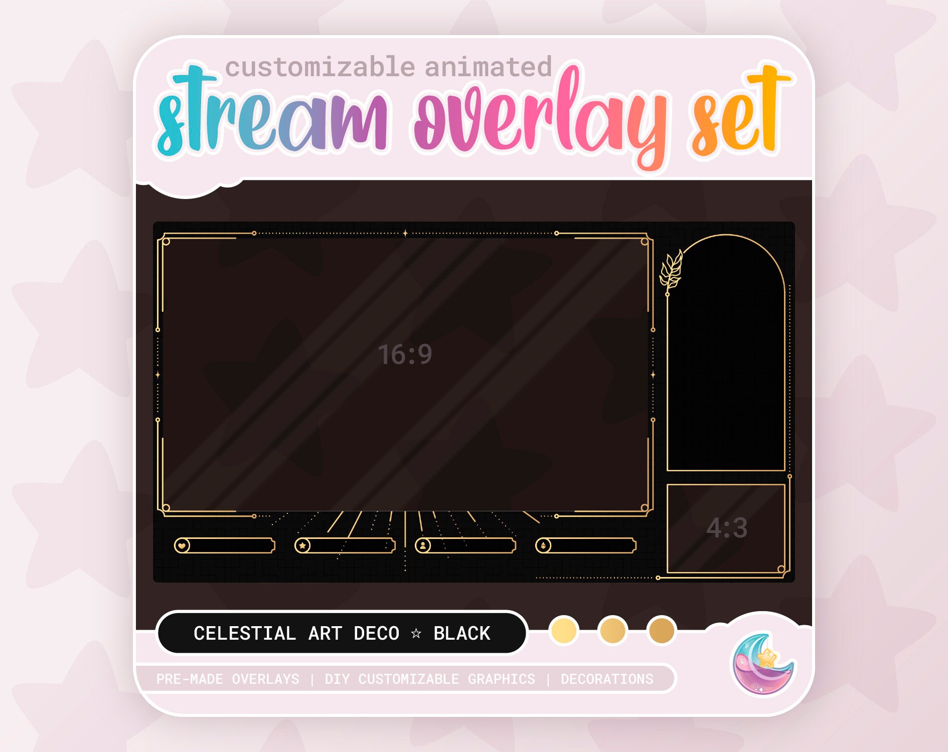 Celestial Black Art Deco Overlay Set With Camera & Chat Borders, Static ...