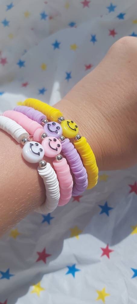 Preppy Smiley Face Clay Beaded Bracelet - Etsy