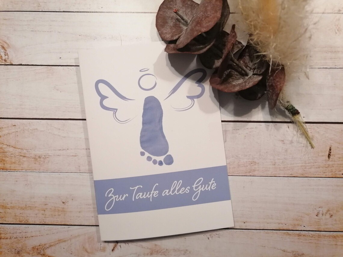 Taufkarte - Karte zur Taufe Engel mit Babyfuß "Zur Taufe alles Gute" in ...