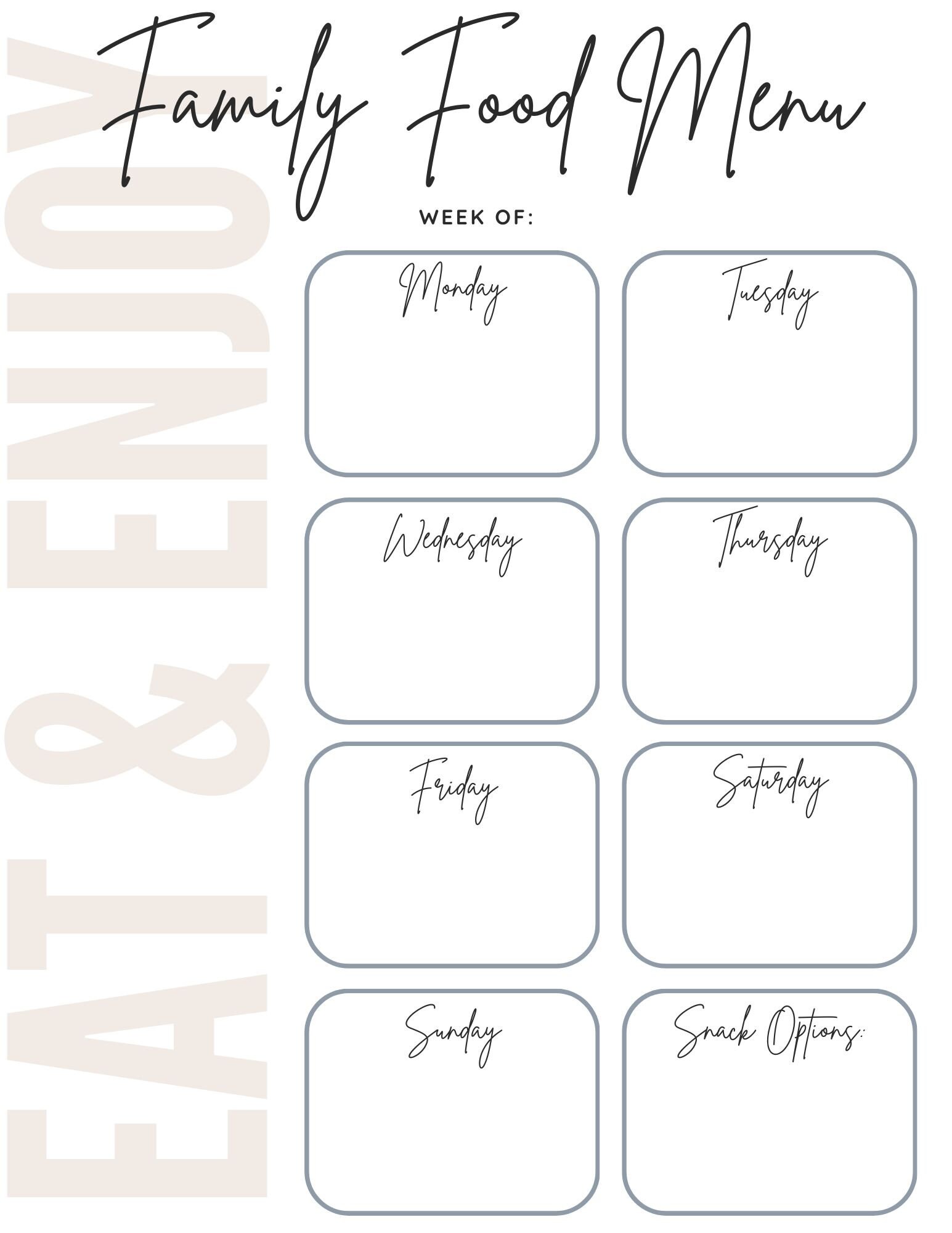 Weekly Menu Printout | Family Dinner Schedule | Food List Snack List ...
