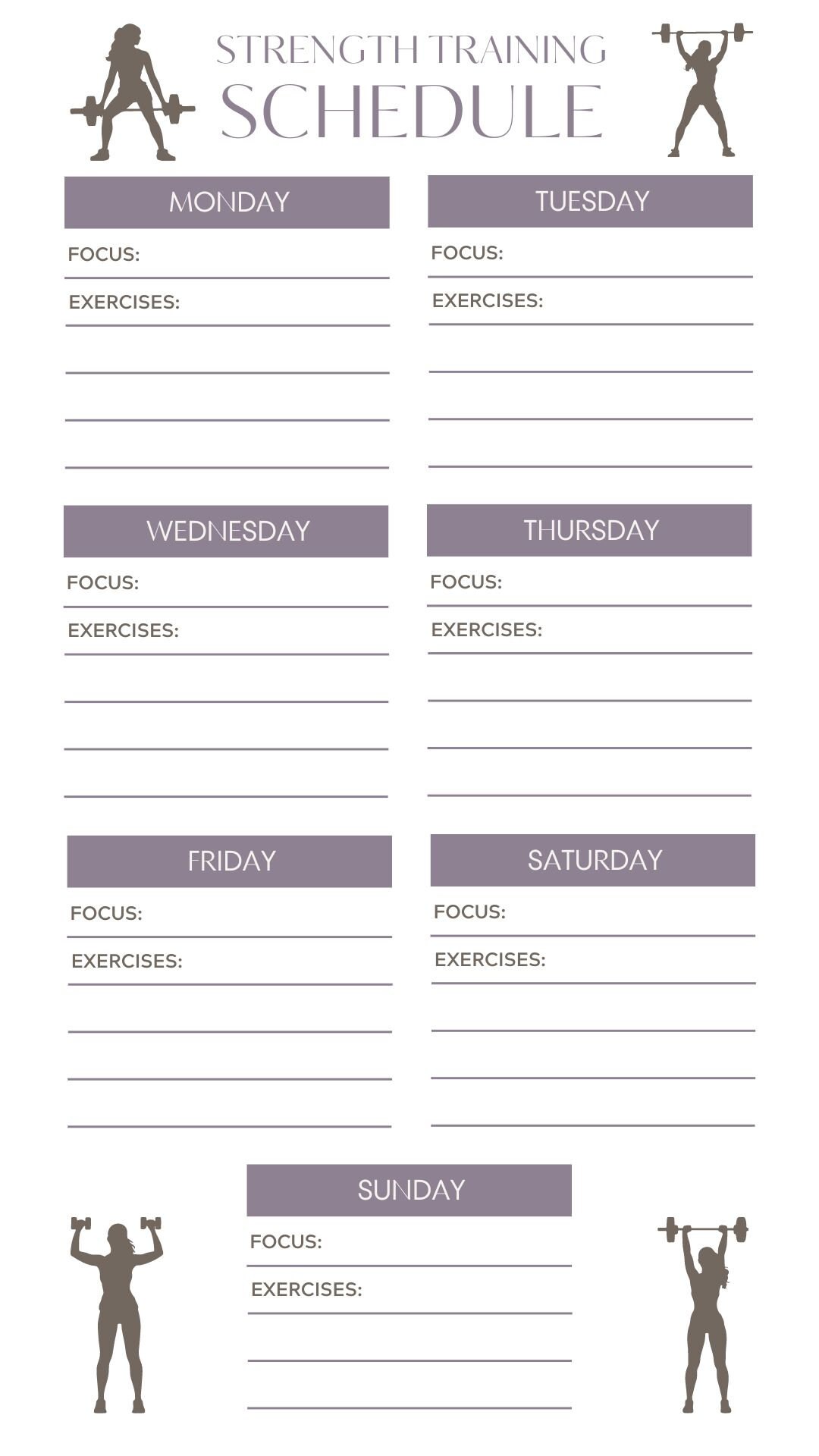 Womens Strength Training Schedule Fill Out Form Exercise Organizer ...