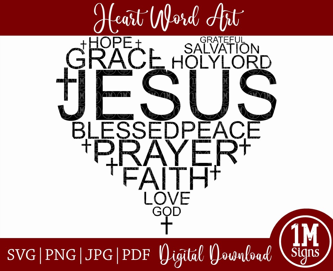 Jesus Heart Word Art SVG PNG JPG Pdf, Silhouette, Cricut, Christian Svg ...