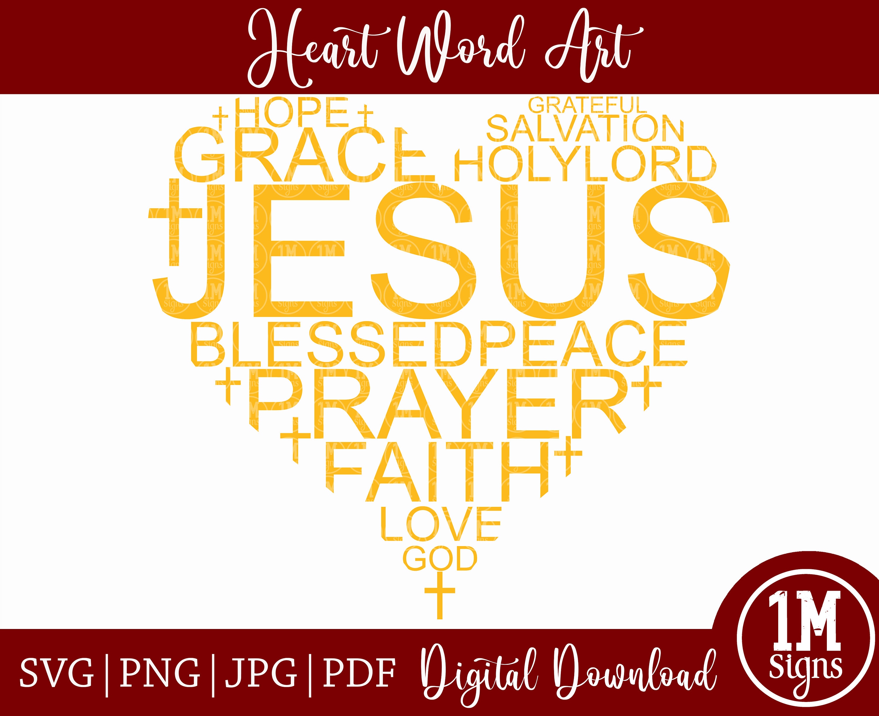 Jesus Heart Word Art SVG PNG JPG Pdf, Silhouette, Cricut, Christian Svg ...