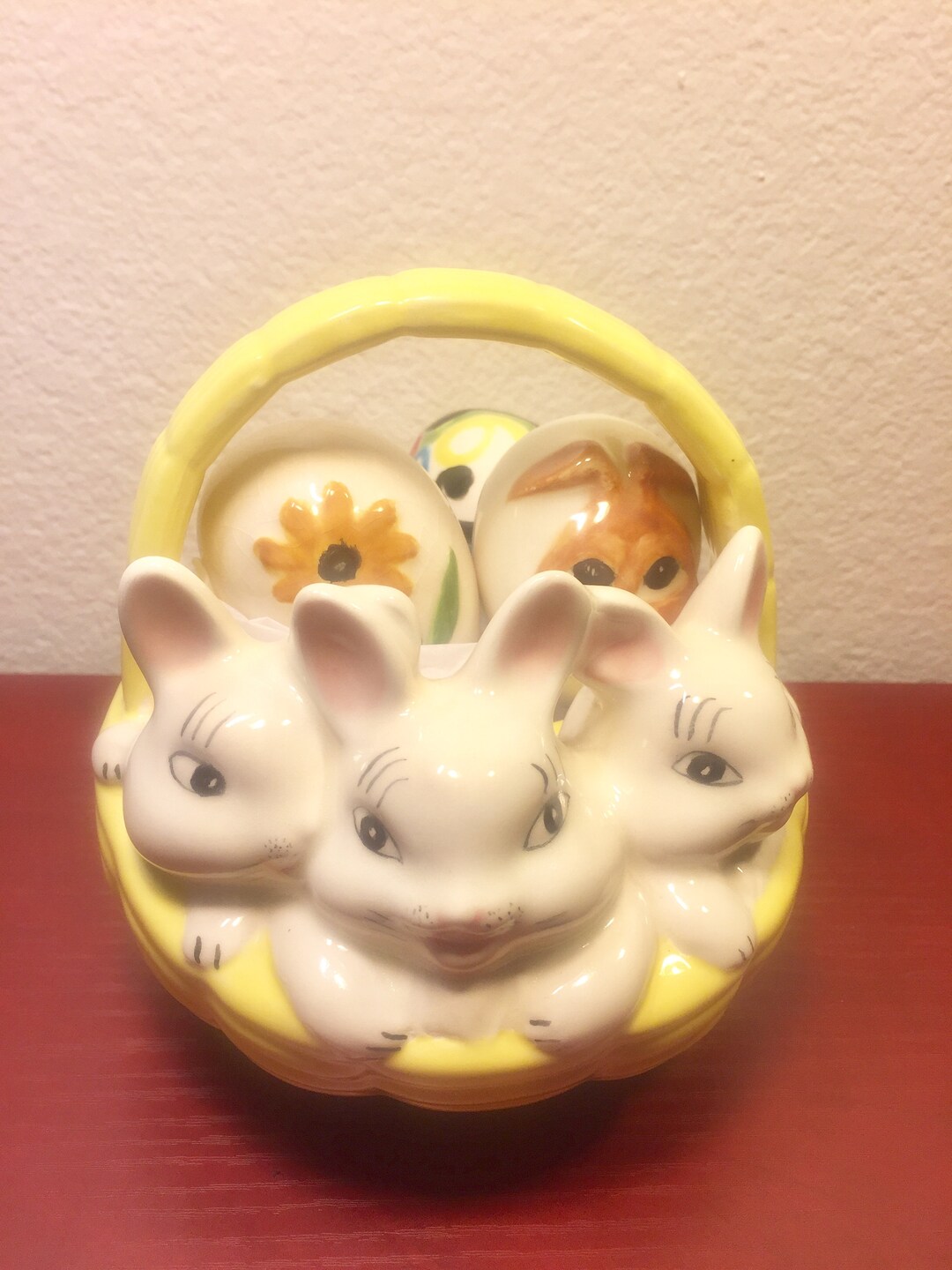 Vintage Ceramic Hand Painted Easter Egg Basket With Bunnies & Ceramic ...