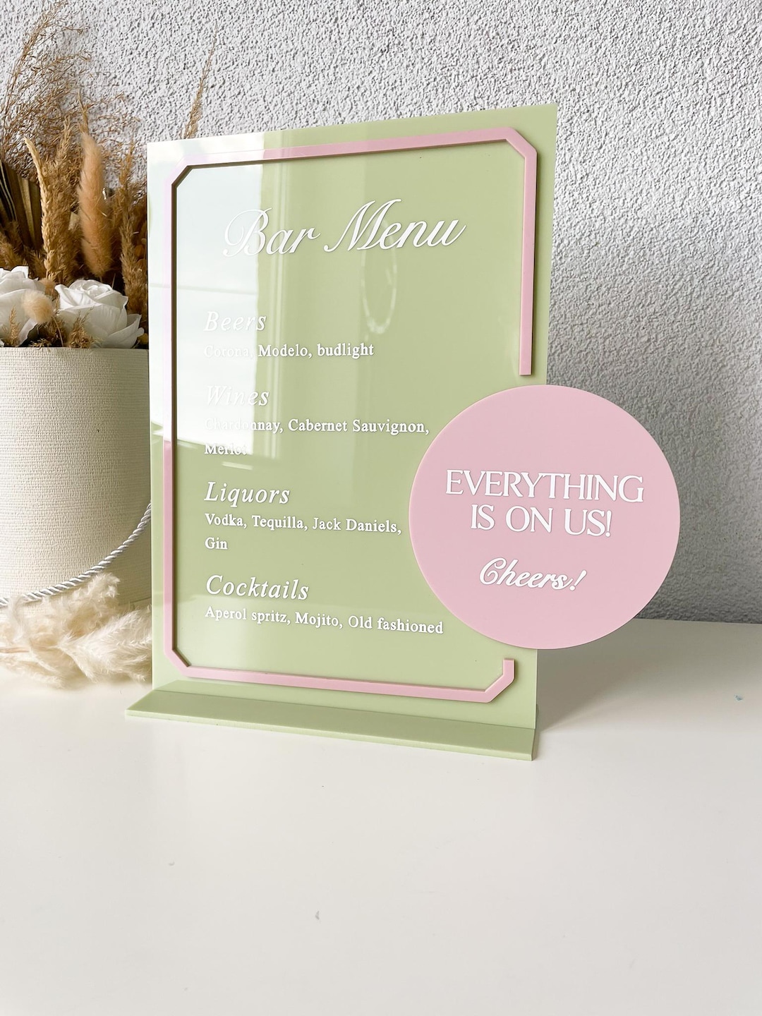 Personalized Sage Green Acrylic Bar Menu Sign, Drink Menu Signage for ...