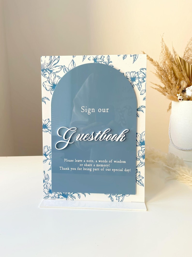 Modern Blue Floral Wedding Guestbook Sign, Custom Acrylic Signature ...