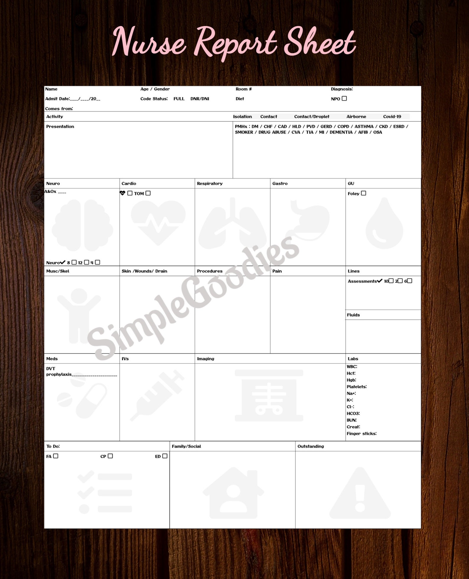 Printable Nursing Report Sheet, Single Patient Reporting Template - Etsy