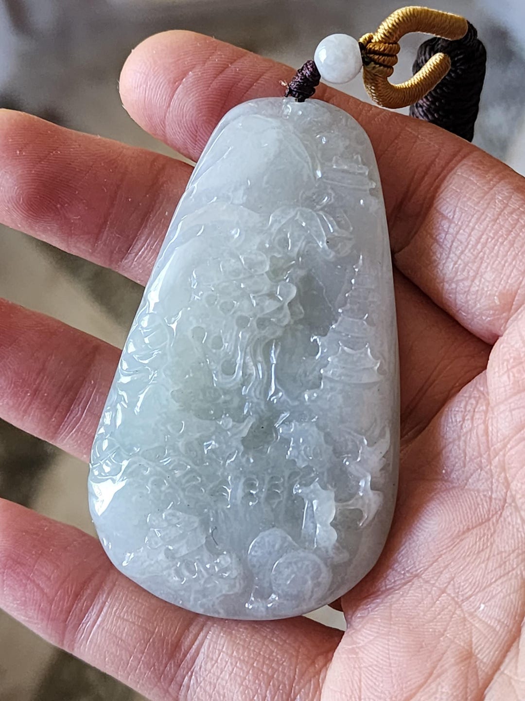 A-jade Cool Green Semi Transluscent Jadeite Oriental Landscape Relief ...