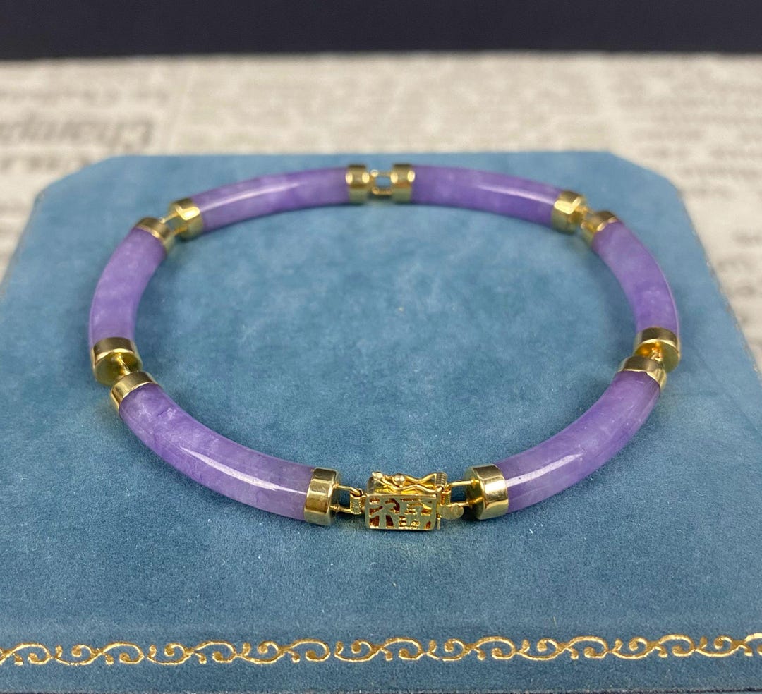 N0879 Vintage 14K Solid Gold Cylinder Lavender Jade Bangle /14K Solid ...