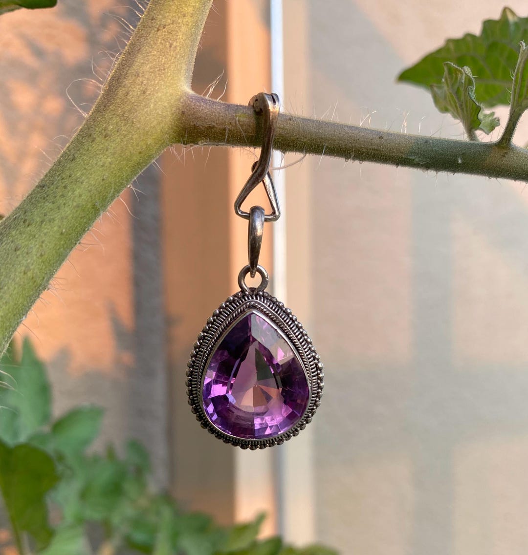 N0679 Vintage Sterling Silver Tear Drop Amethyst Pendent / Sighed 925 ...