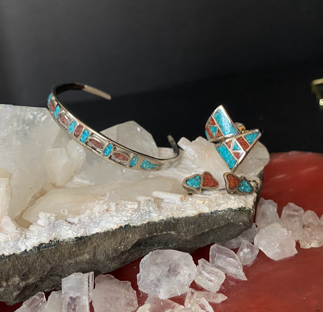 N0306 Southwestern / Coral and Turquoise Chip /inlay - Etsy