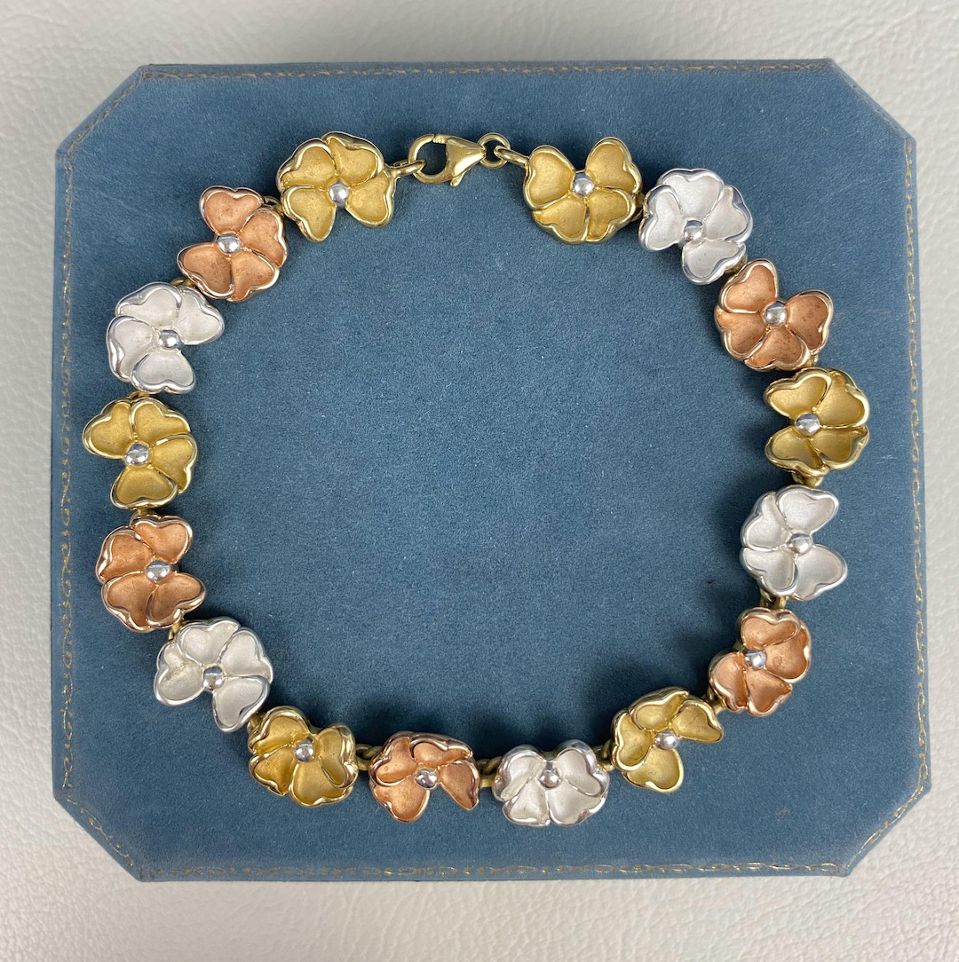 N1168 Vintage SIGAL Gold Tone Tri-color 925 Sterling Silver Flower Link ...