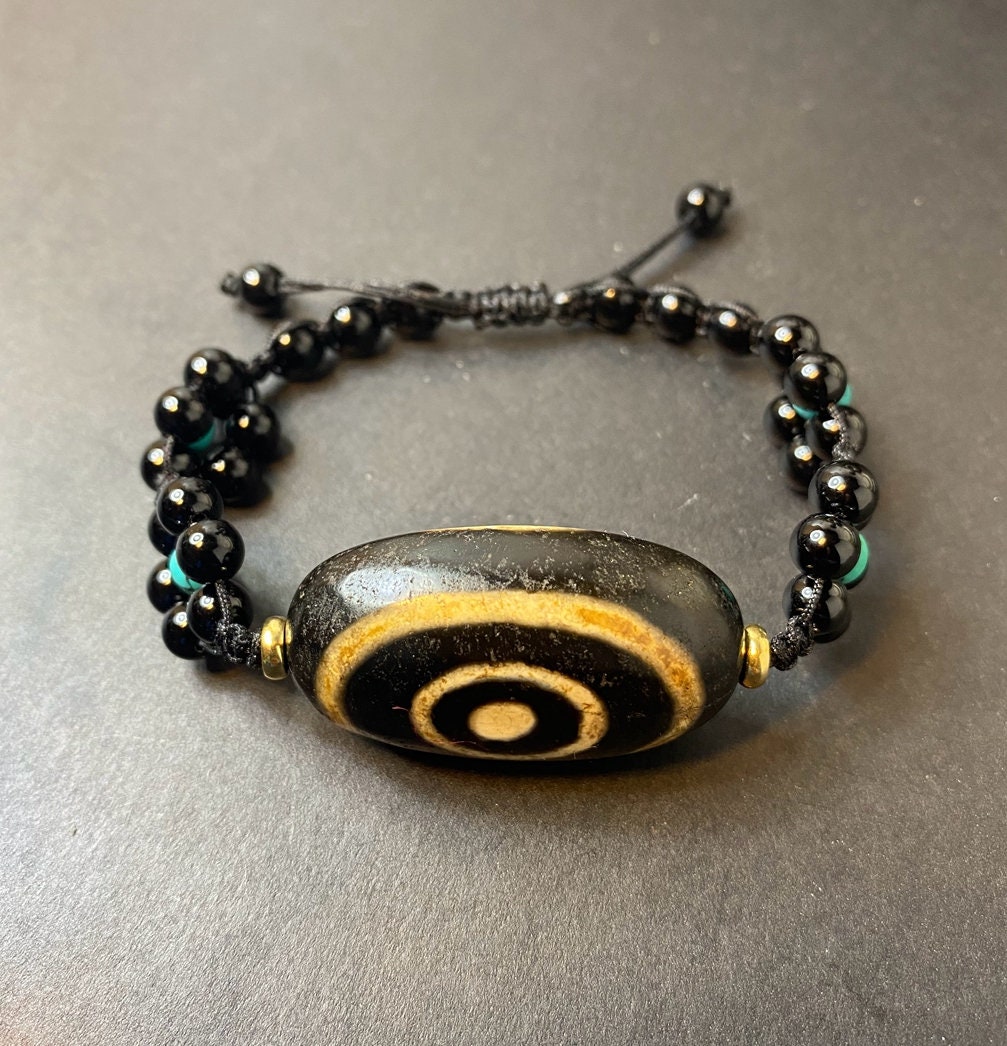 N0288 Vintage /collatable/ Dzi Bead /black 6mm Agate / Turquoise Beads/ Bracelet /man / Woman ...