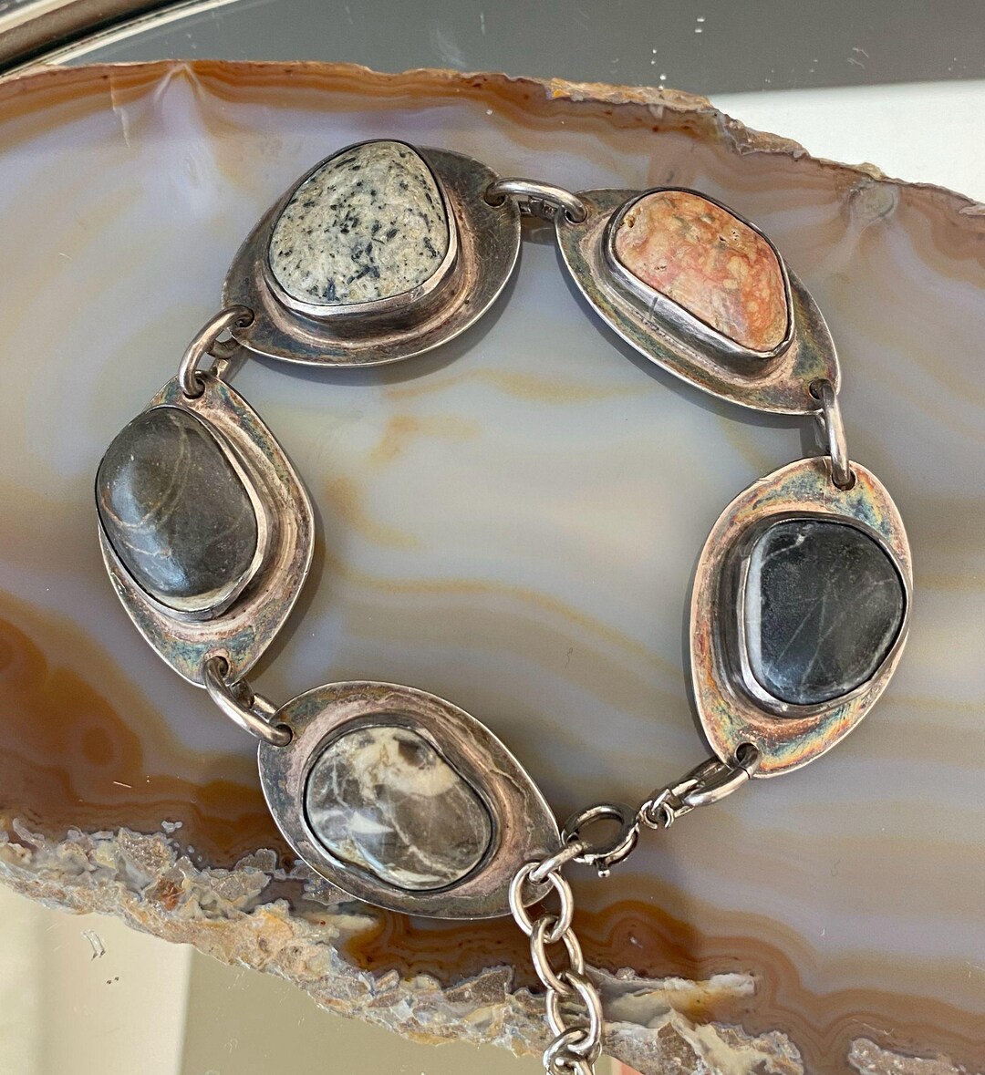 N1101 Vintage Sterling Silver Multi-natural Jasper Stone Bracelet ...