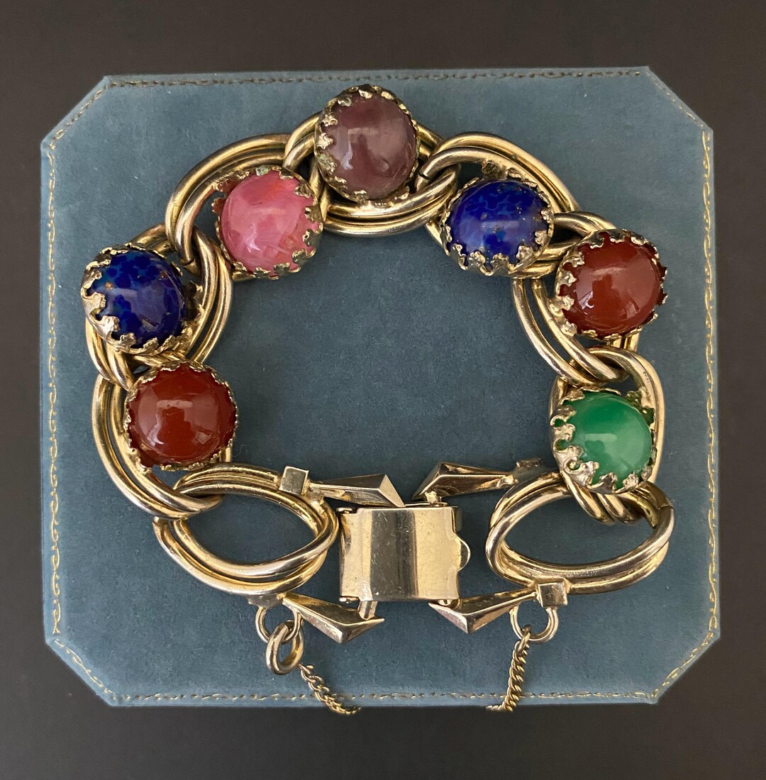 N0781 Vintage KAFIN NEW YORK Multi Color Glass Gold Tone Bracelet / 7 ...