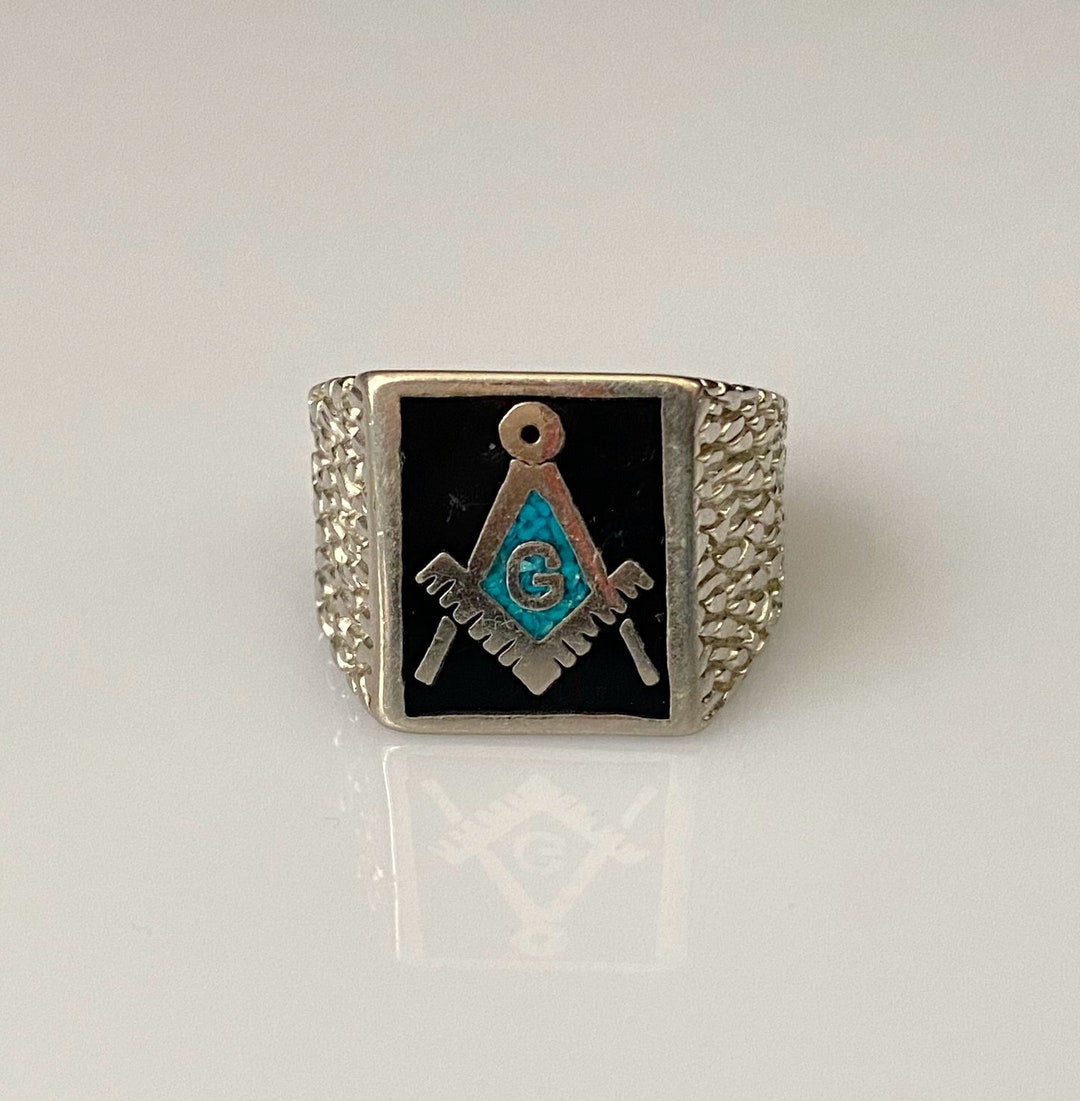 N0542 Vintage Masonic Ring/ Silver Ring / Black Ceramic / Turquoise ...