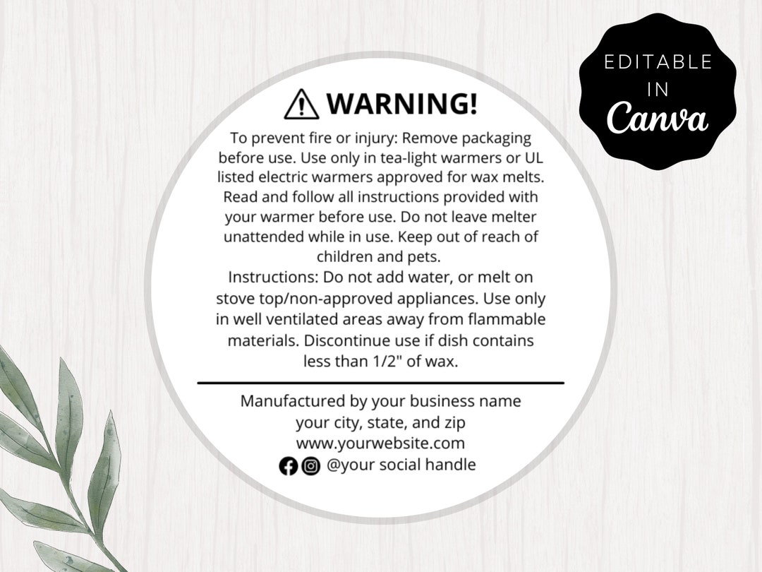 Wax Melt Warning Label Template, Editable Wax Melt Warning Label, Wax ...