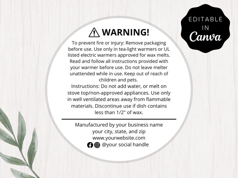 Wax Melt Warning Label Template, Editable Wax Melt Warning Label, Wax ...