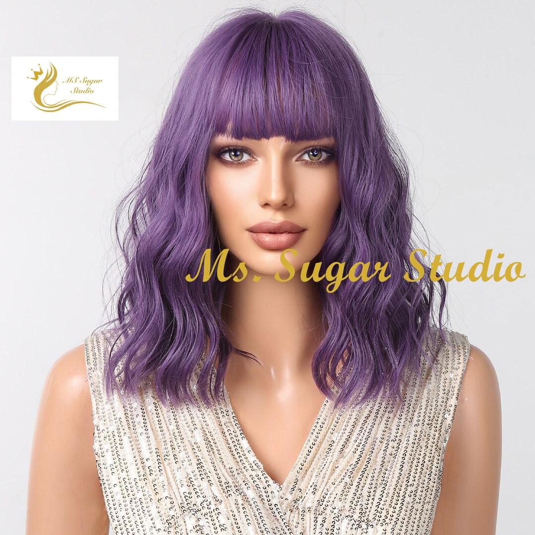 Purple/ Blue Nature Wavy Wig With Bangs for Woman/ Natural Look Hair ...