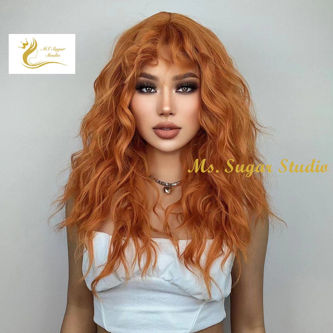 Long Orange Curly Wig With Bang/ Heat Resistant Synthetic Wig/ Daily ...