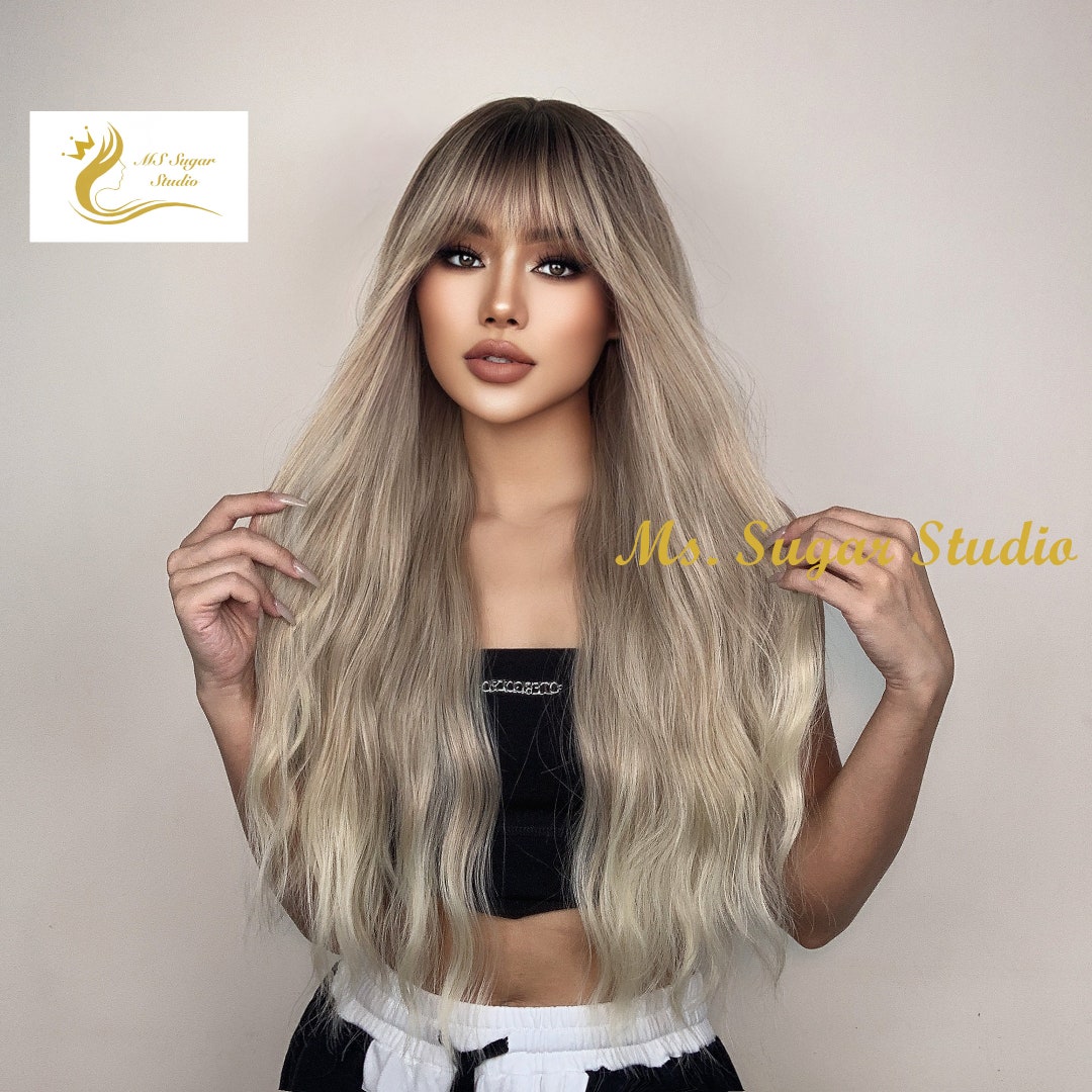 28 Inches Dark Root Gradient Platinum Blonde Natural Wavy Ombré Wig ...