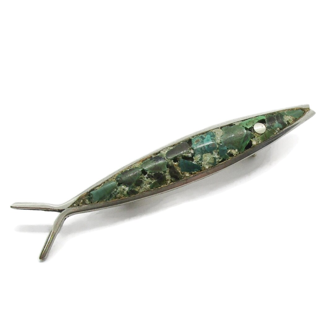 Vintage Taxco Sterling Silver Fish Brooch, Crushed Turquoise Inlay ...
