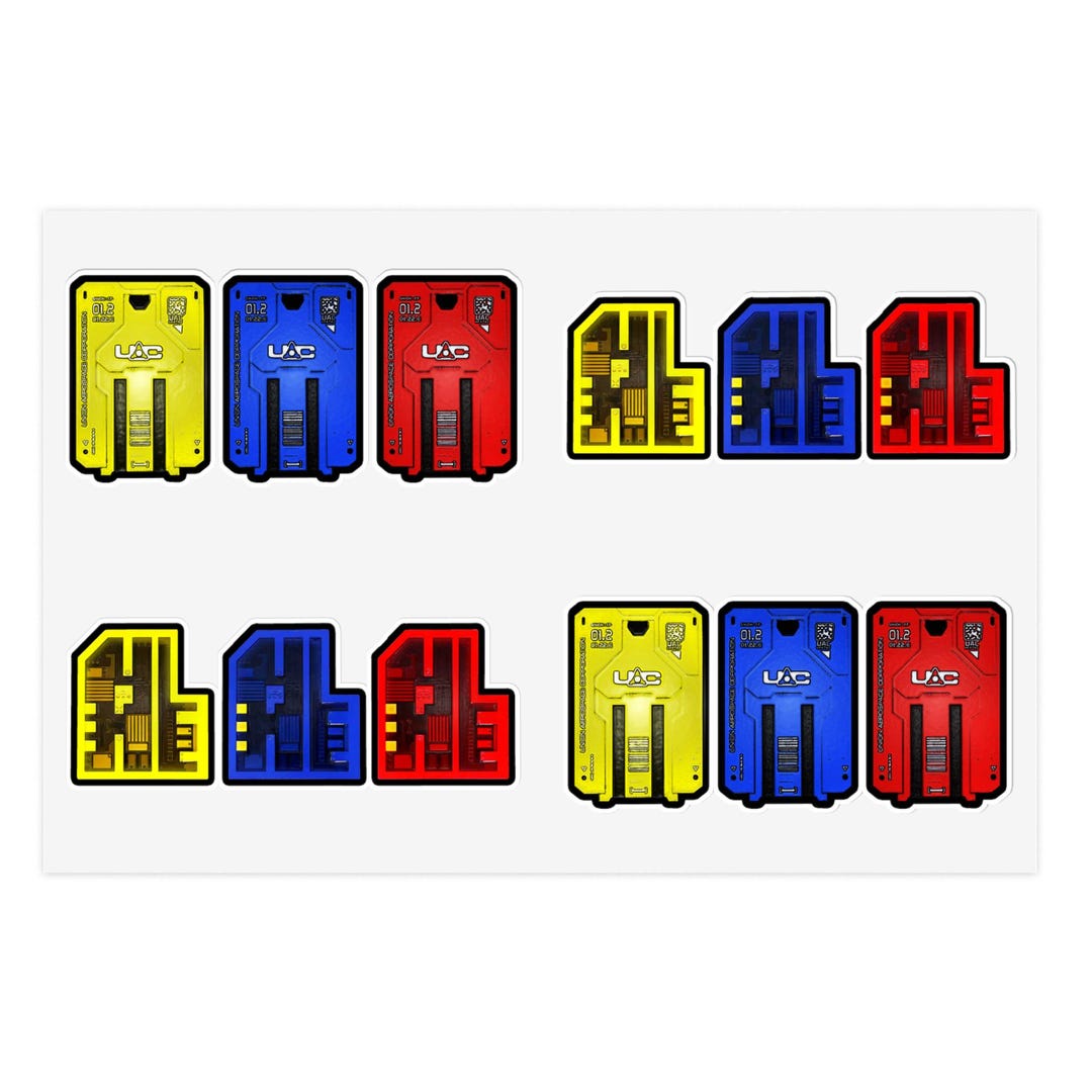 Doom Sticker Sheets, Classic and Modern Graphic Red Blue Yellow Keycard ...