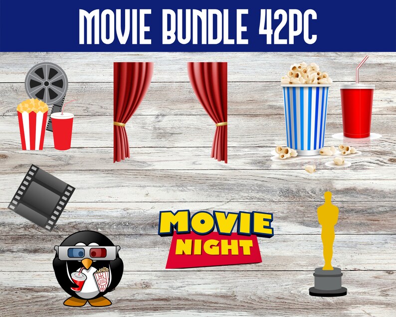 MOVIE CLIPART BUNDLE, Cinema Clipart, Movie Night Clipart, Popcorn ...