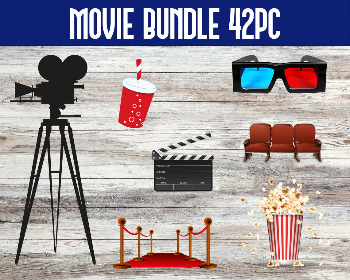 MOVIE CLIPART BUNDLE, Cinema Clipart, Movie Night Clipart, Popcorn ...