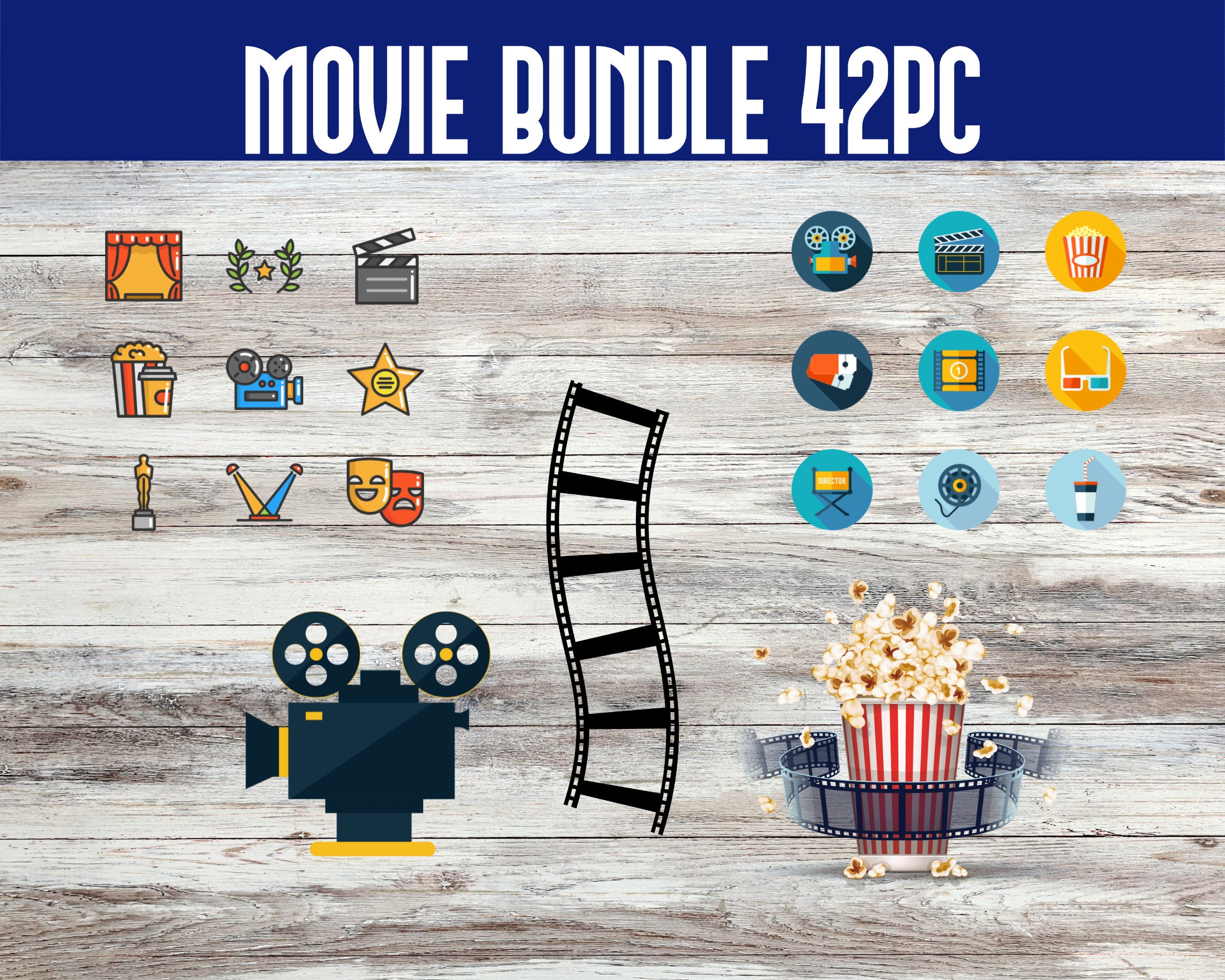 MOVIE CLIPART BUNDLE, Cinema Clipart, Movie Night Clipart, Popcorn ...