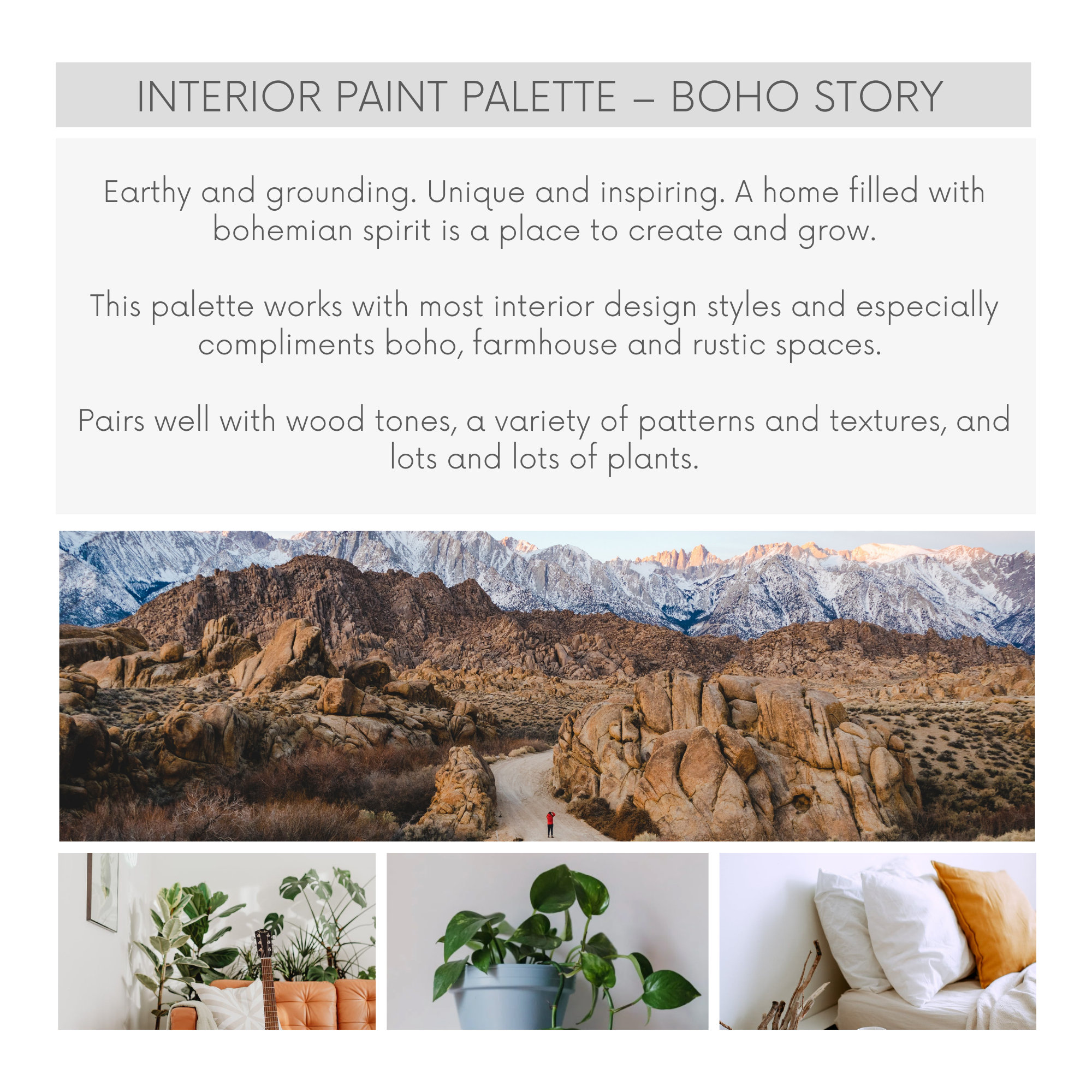 Interior Paint Palette | Boho Story | Boho Color Scheme | Farmhouse ...