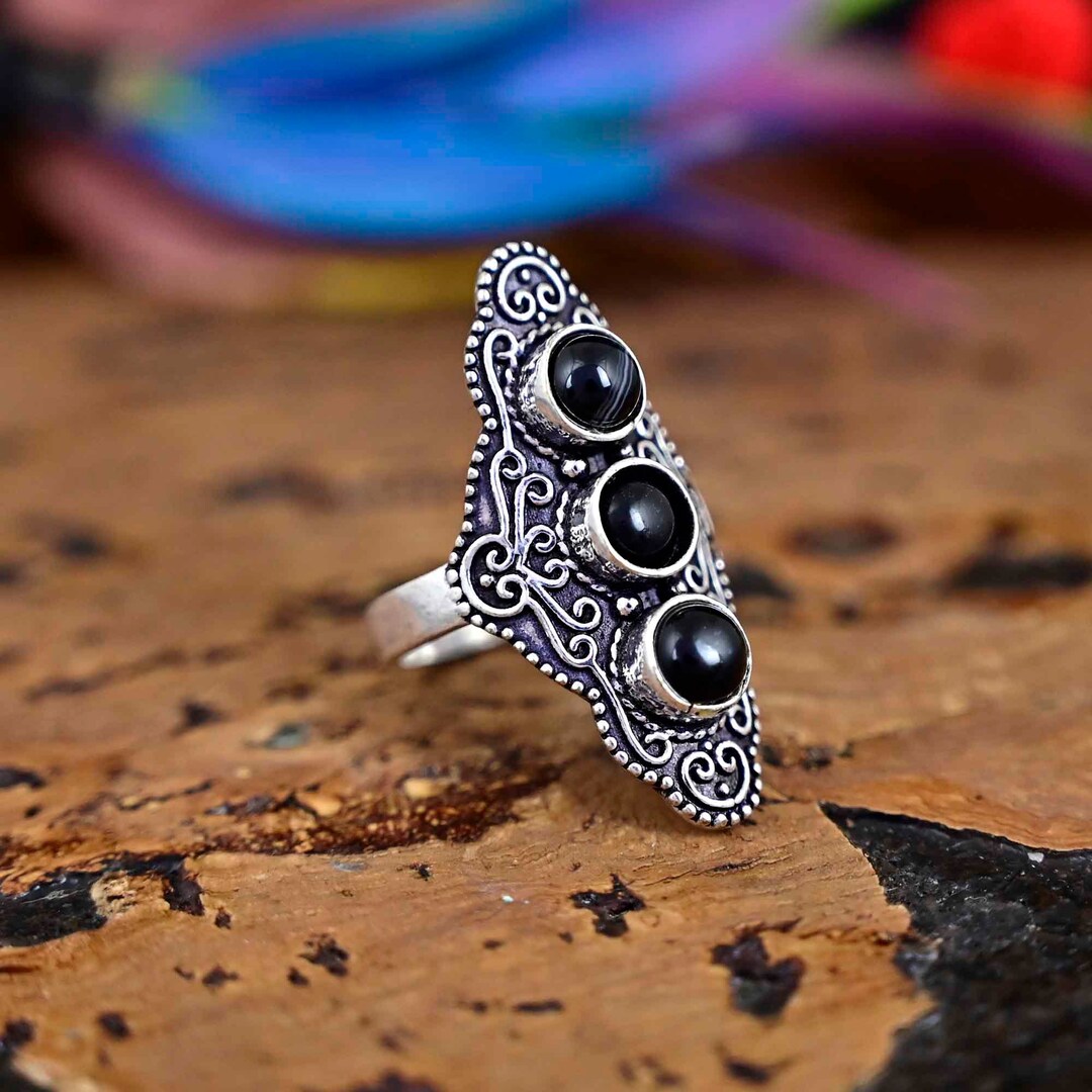 Black Obsidian Ring 925 Silver Round Stone Ring Personalized Gift Ring ...