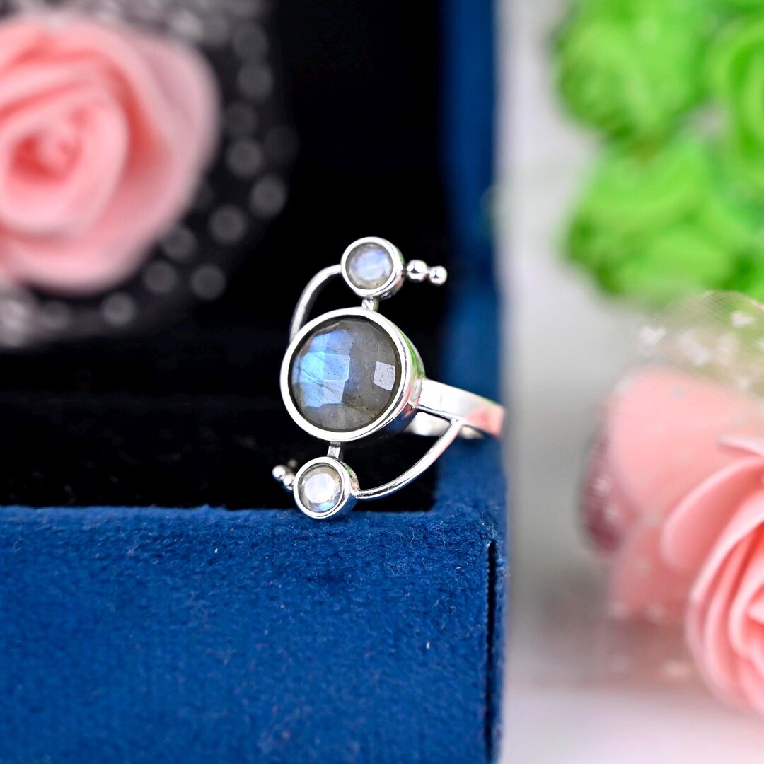 Natural Moonstone and Labradorite Ring , Blue Flashy Two Gemstone Ring ...