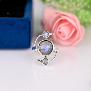 Natural Moonstone and Labradorite Ring , Blue Flashy Two Gemstone Ring ...