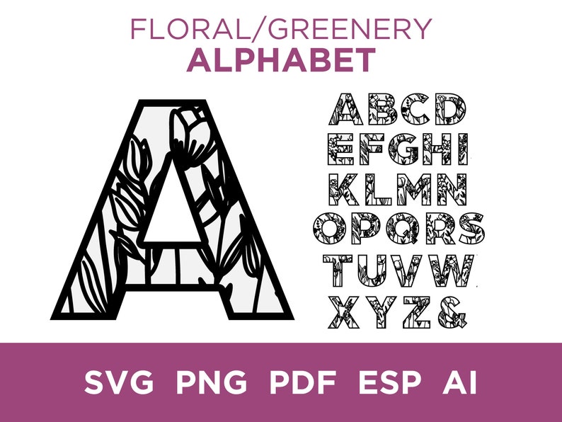 Archivos de alfabeto de vegetación floral / Corte láser (svg, png, pdf ...