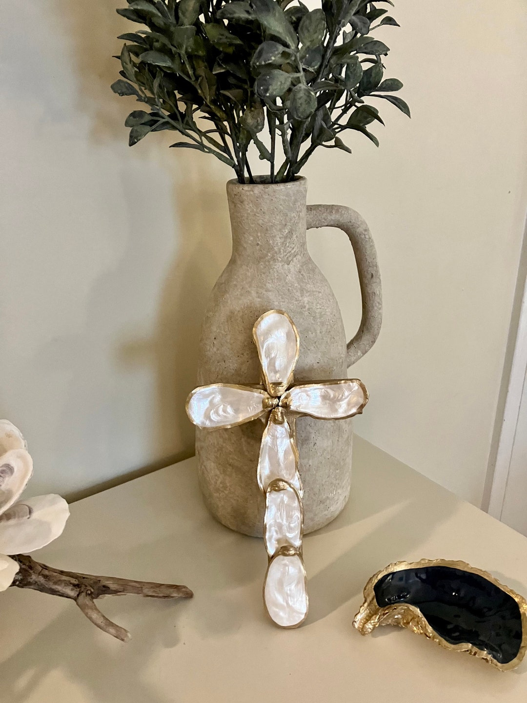 Iridescent Oyster Shell Cross, Oyster Shells, Cross Decor, Coastal ...