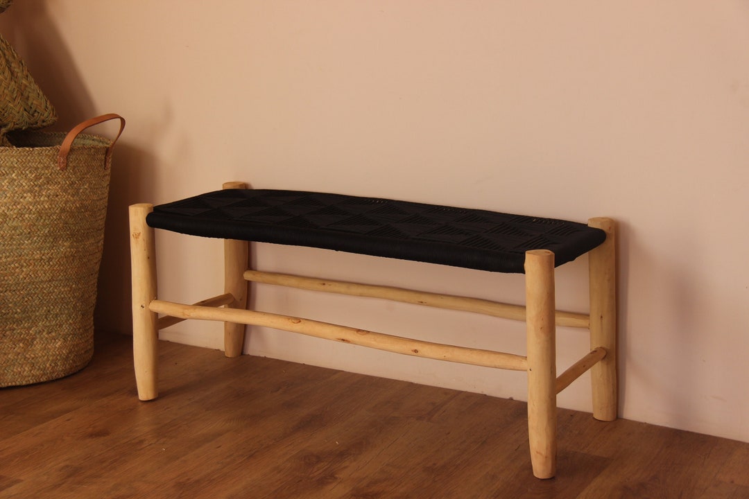 Moroccan Bench in Solid Wood Woven in Black Thread Moroccan - Etsy