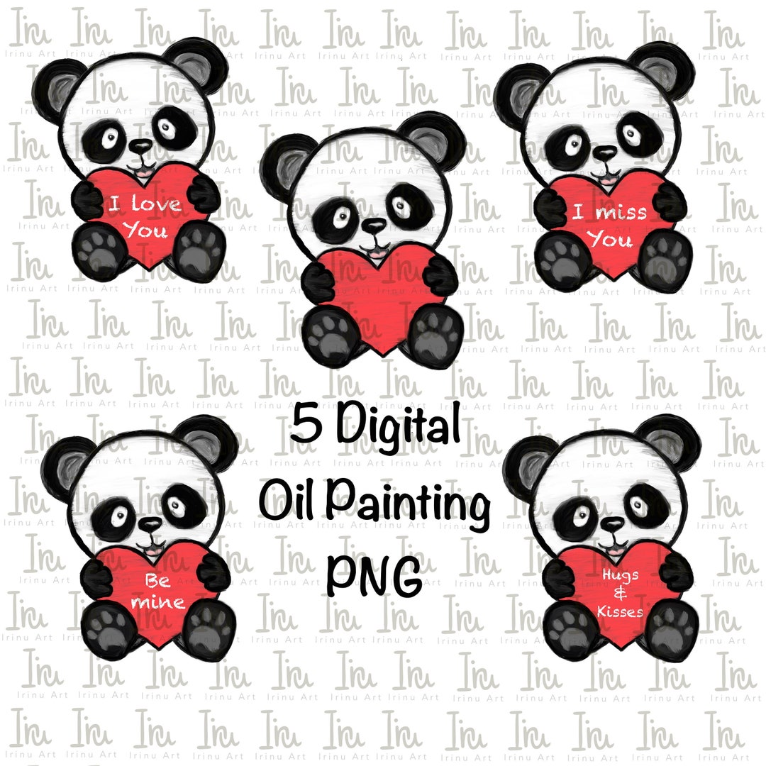 Valentines Panda Clipart, Set of 5 PNG Digital Oil Painting Love Panda ...