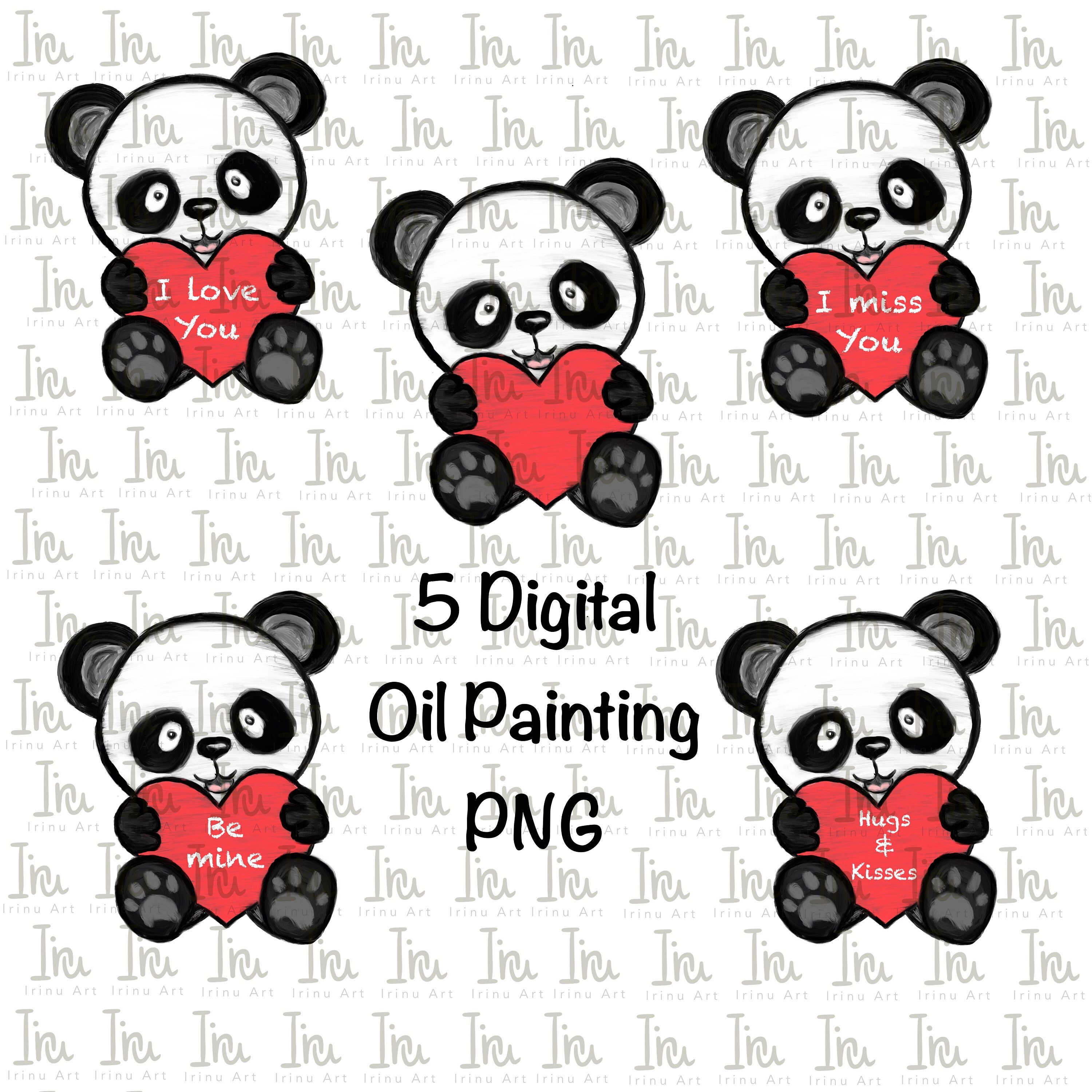 Valentines Panda Clipart, Set of 5 PNG Digital Oil Painting Love Panda ...
