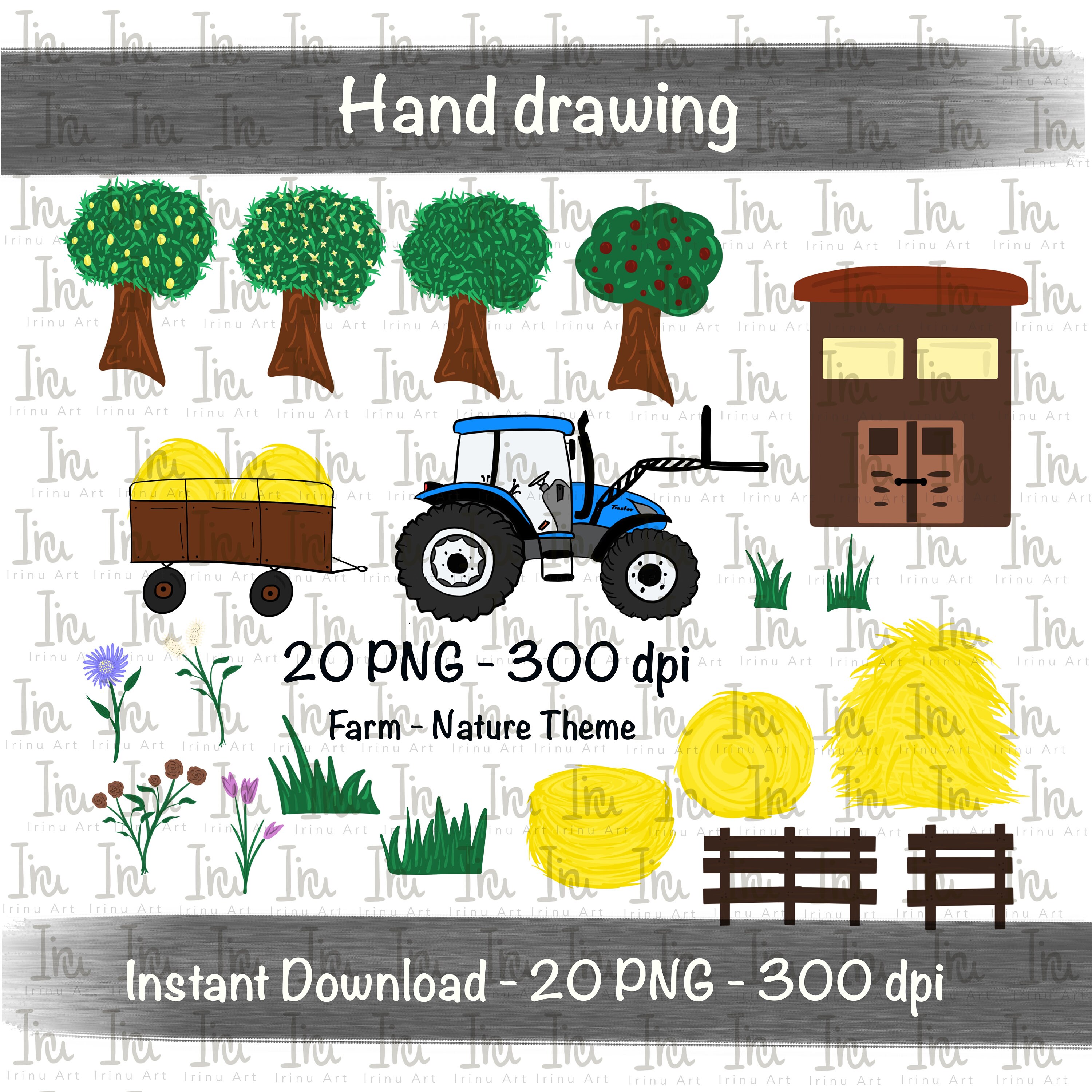 20 PNG Farm Nature Theme | Farm Tractor, Cart - Trailer, Tree, Flowers, Clumsy, Bale of Hay ...