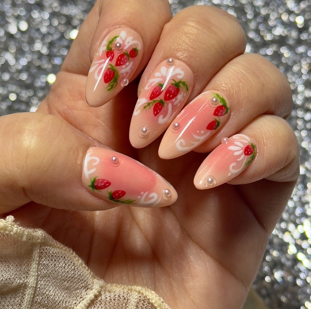 Strawberry Garden, Press on Nails, Aura Nails, Cottagecore Nails ...