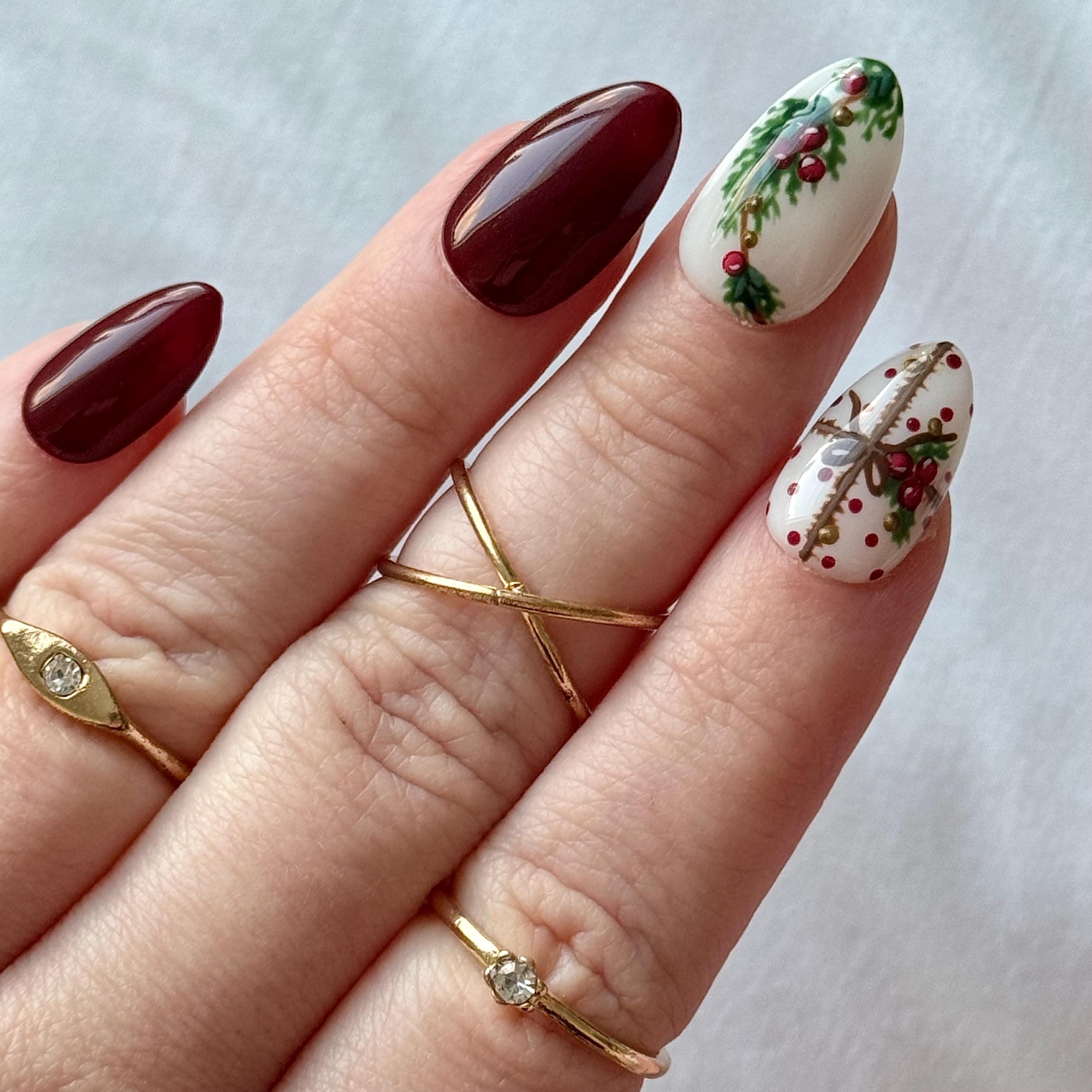 Winter Berry Press on Nails | Christmas Nail Set | Burgundy Red and ...