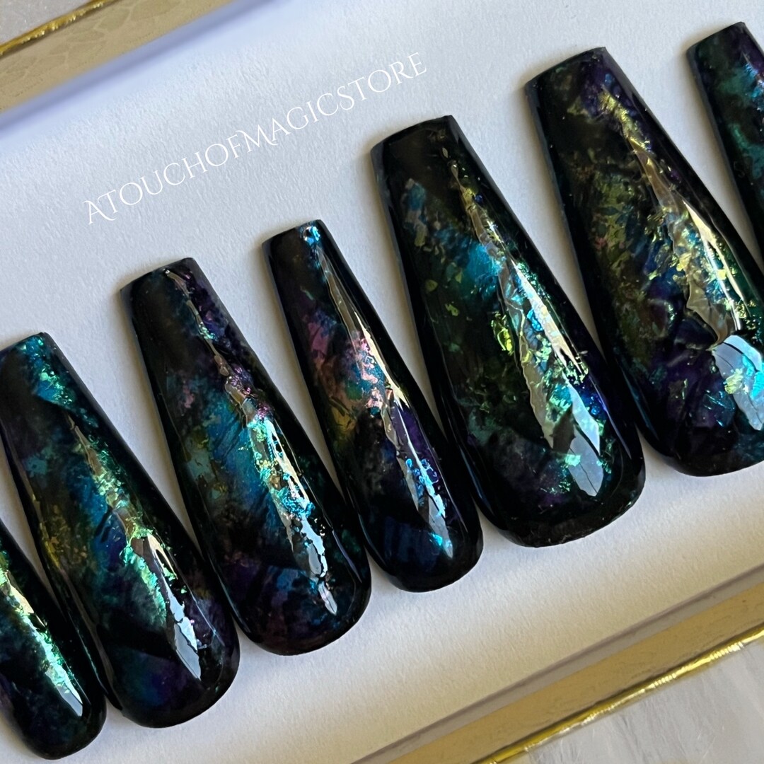 LABRADORITE Press on Nails | HAND-PAINTED | Crystal Nails | Labradorite ...