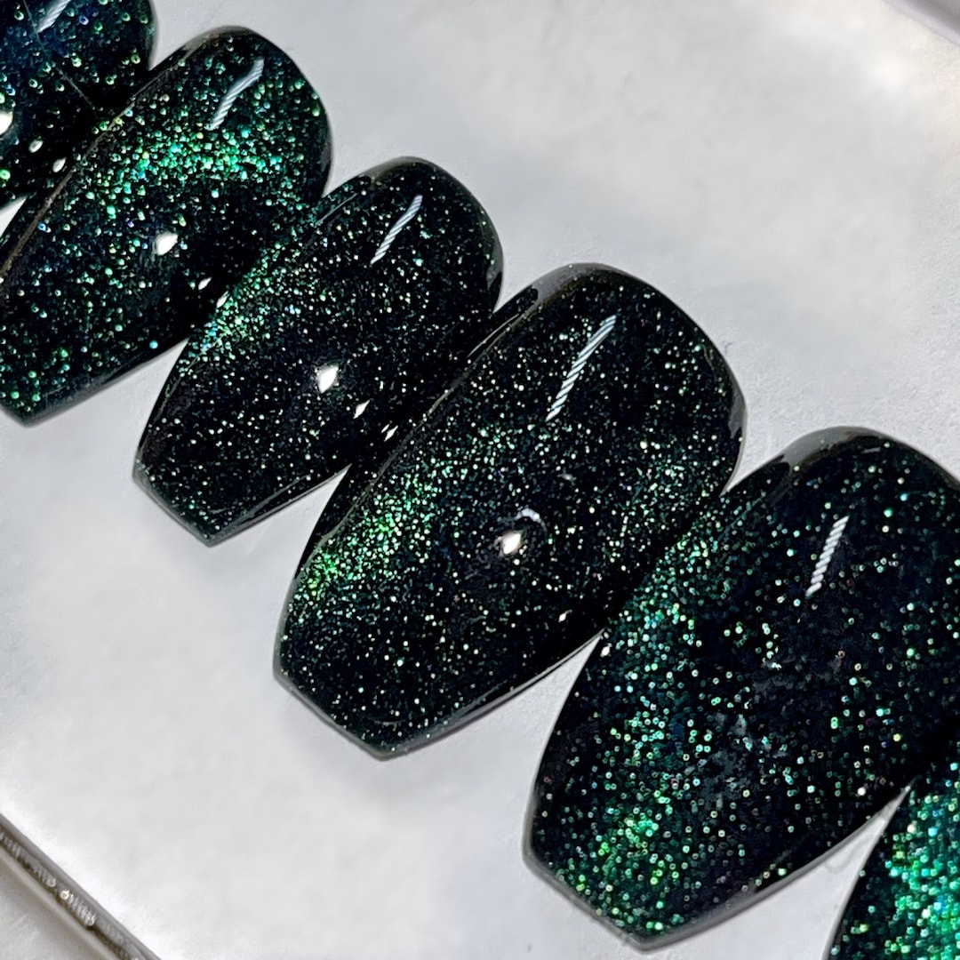 Green Cat Eye Press on Nails, Hard Gel, Glue on Nails, Holographic ...